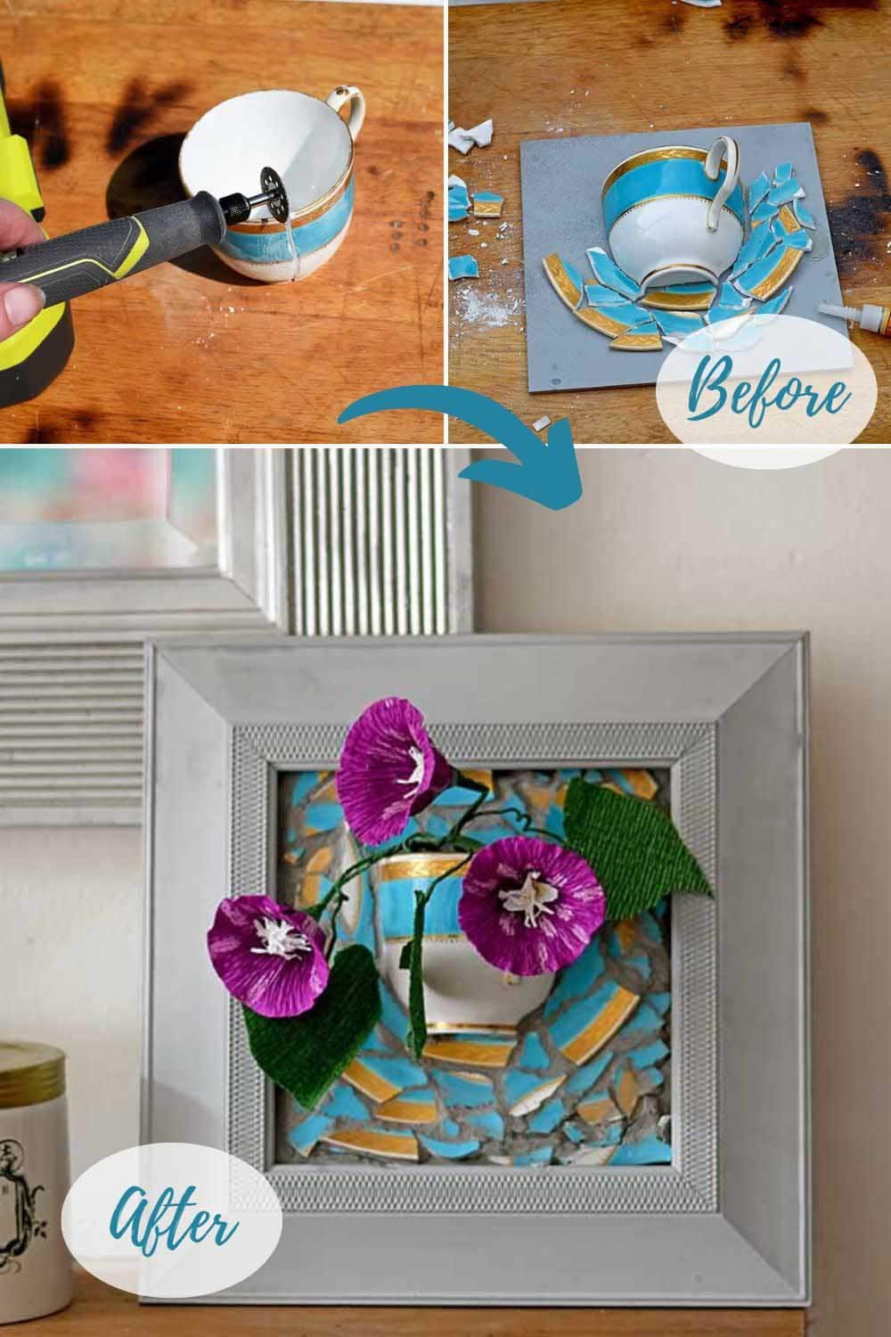 A DIY Wall Vase From Repurposed Broken China Teacups - Pillar Box Blue