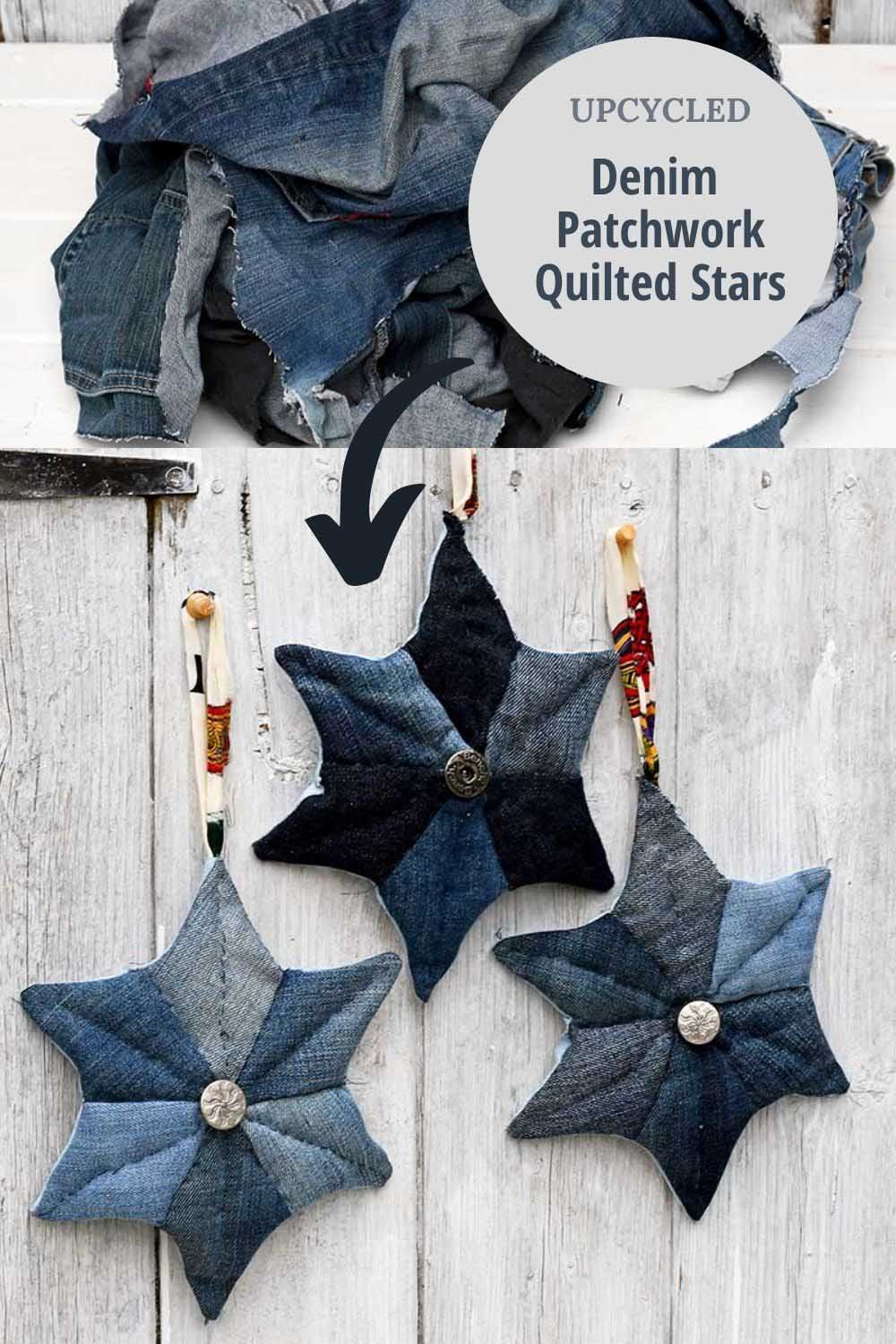 How To Make Upcycled Denim Patchwork Quilted Stars Decoration - Pillar ...