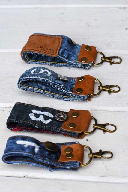 Cool DIY Fabric Key Fobs From Old Jeans Waistbands - Pillar Box Blue