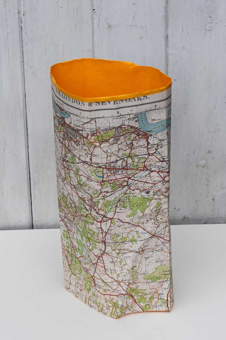 Easy DIY Paper Plant Pot Covers - With Old Maps - Pillar Box Blue