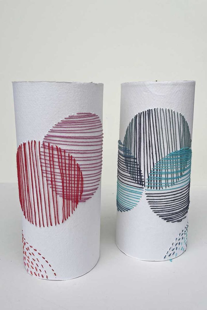 Paper Embroidery and Embroidered Paper Vase Tutorial - Pillar Box Blue