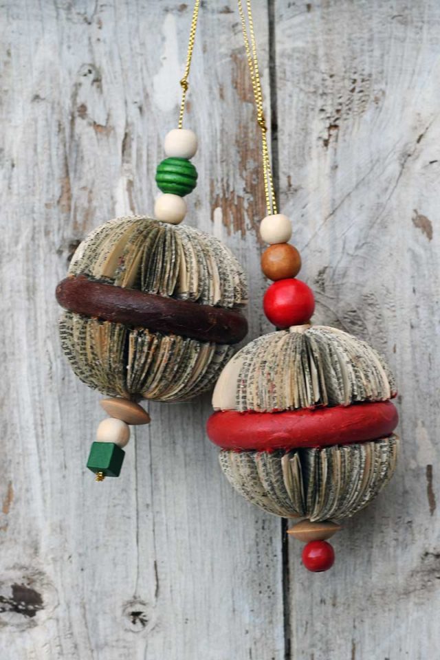 How to Make DIY Paper Christmas Baubles from Old Books - Pillar Box Blue