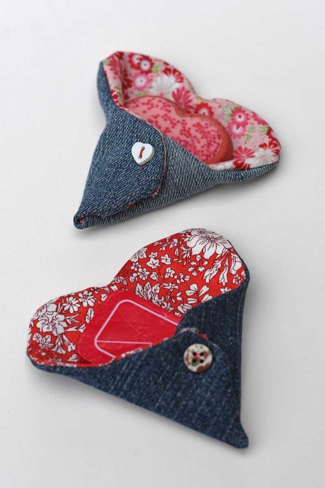 Easy Valentine Sewing Project: Scrap Fabric Heart Pockets - Pillar Box Blue