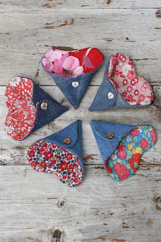 Easy Valentine Sewing Project: Scrap Fabric Heart Pockets - Pillar Box Blue