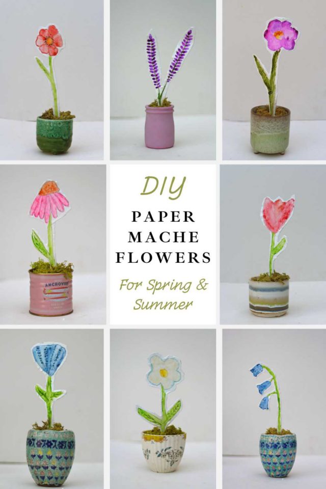 Easy DIY Painted Paper Mache Flowers in Recycled Pots - Pillar Box Blue