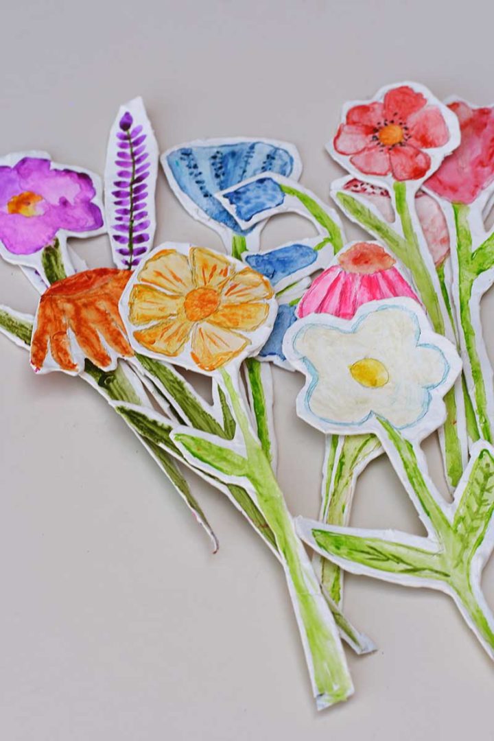 Easy DIY Painted Paper Mache Flowers in Recycled Pots - Pillar Box Blue