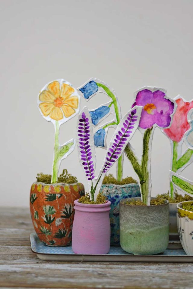 Easy DIY Painted Paper Mache Flowers in Recycled Pots - Pillar Box Blue