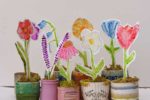 Easy DIY Painted Paper Mache Flowers in Recycled Pots - Pillar Box Blue