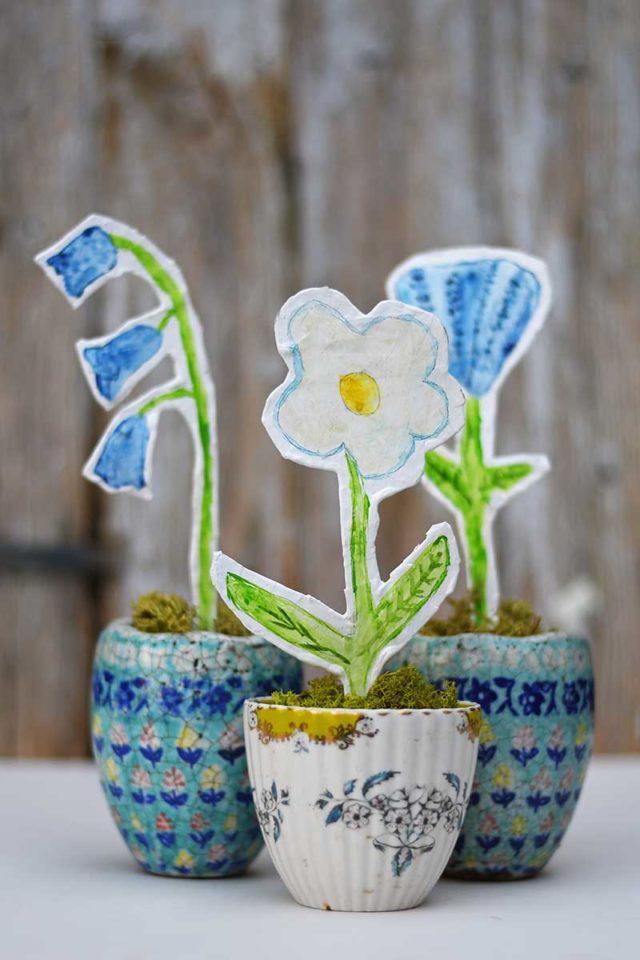 Easy DIY Painted Paper Mache Flowers in Recycled Pots - Pillar Box Blue