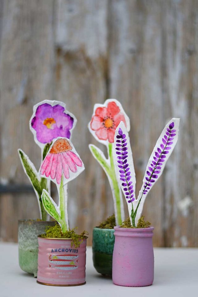 Easy DIY Painted Paper Mache Flowers in Recycled Pots - Pillar Box Blue
