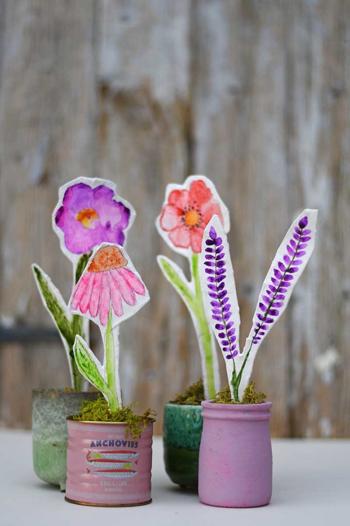 Easy DIY Painted Paper Mache Flowers in Recycled Pots - Pillar Box Blue