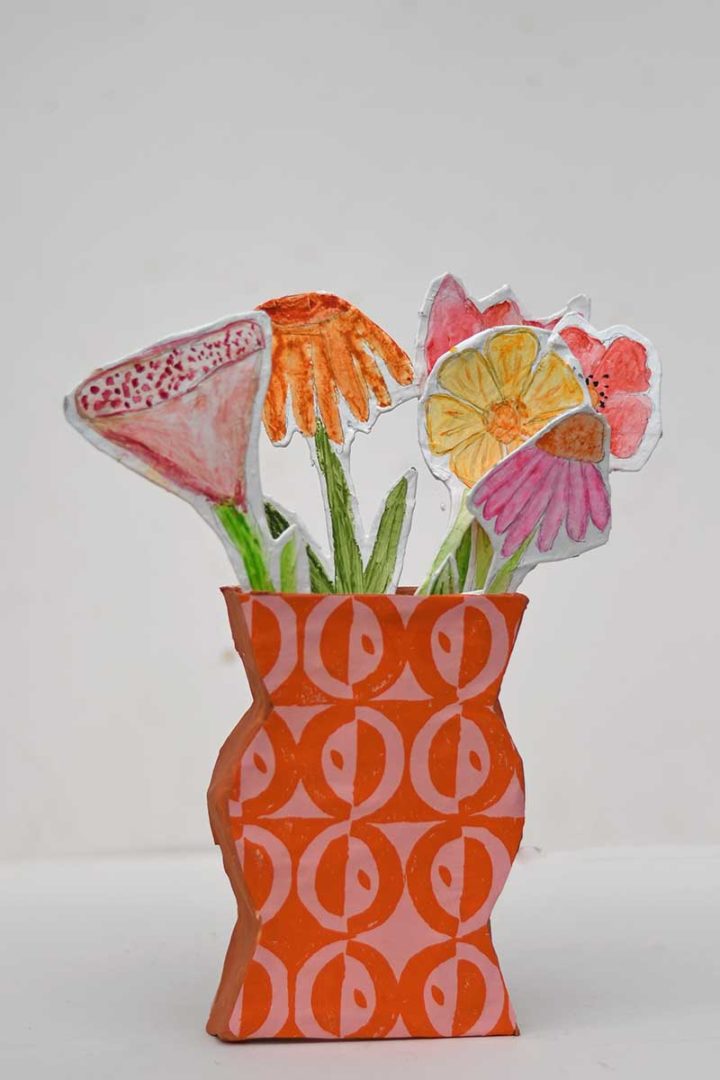 Easy DIY Painted Paper Mache Flowers in Recycled Pots - Pillar Box Blue