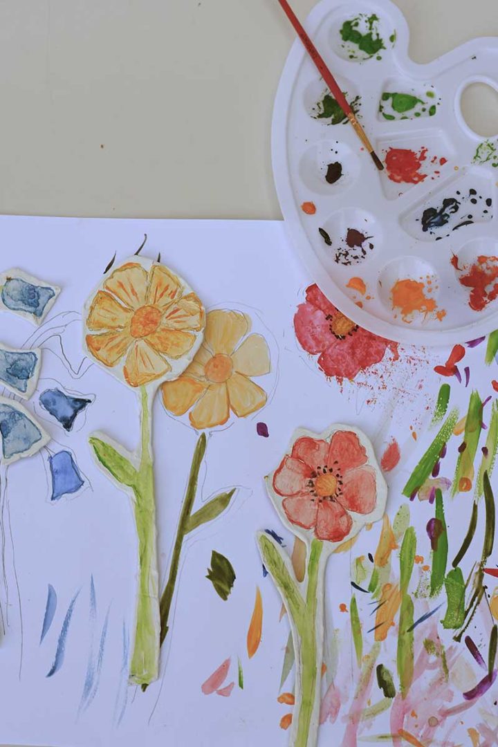 Easy DIY Painted Paper Mache Flowers in Recycled Pots - Pillar Box Blue