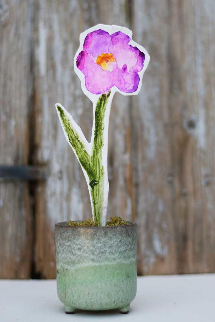 Easy DIY Painted Paper Mache Flowers in Recycled Pots - Pillar Box Blue