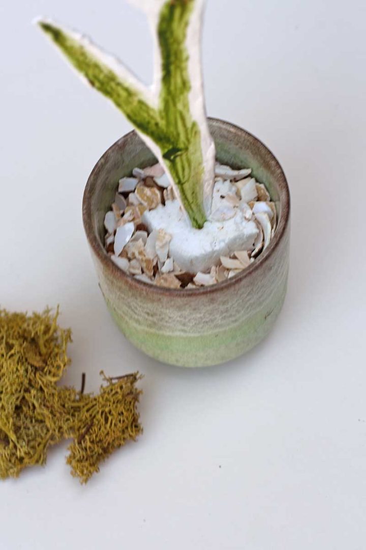 Easy DIY Painted Paper Mache Flowers in Recycled Pots - Pillar Box Blue